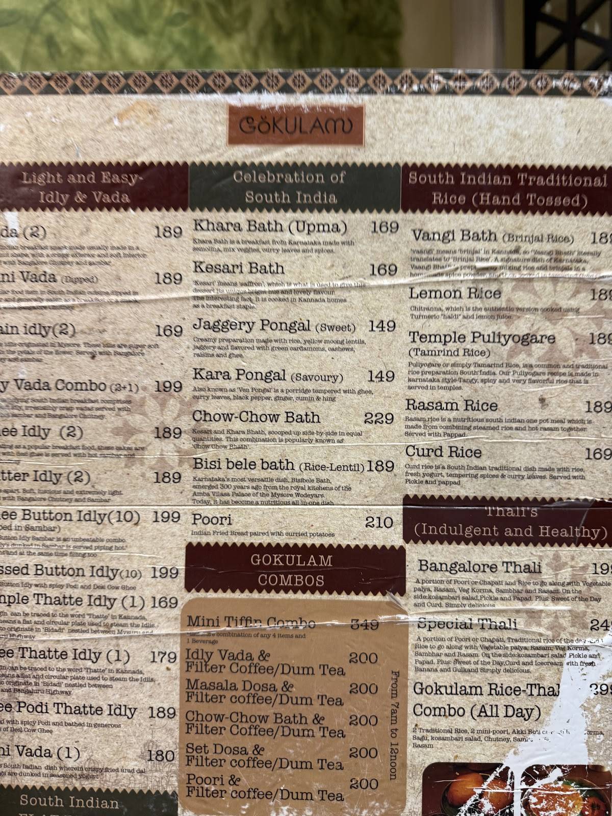 Menu at Gokulam South Indian Restaurant Janpath Road, New Delhi