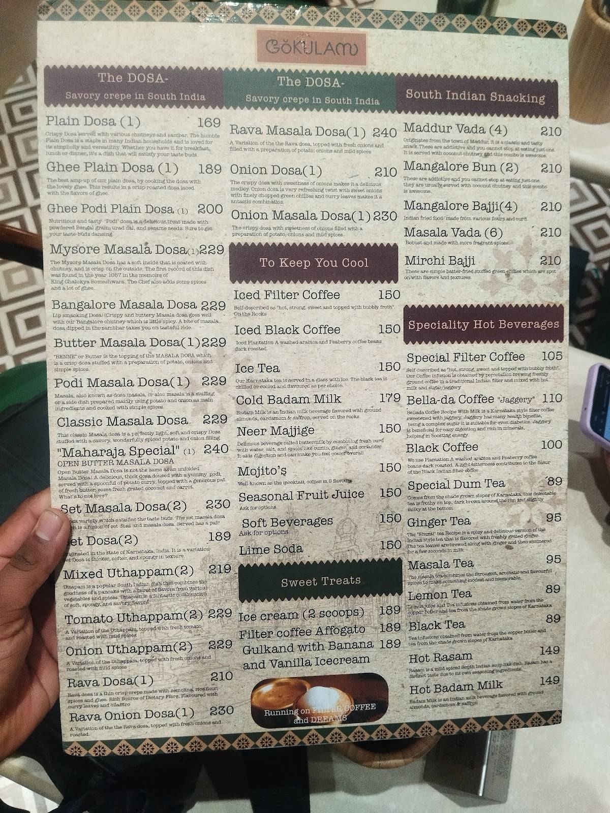 Menu at Gokulam South Indian Restaurant Janpath Road, New Delhi