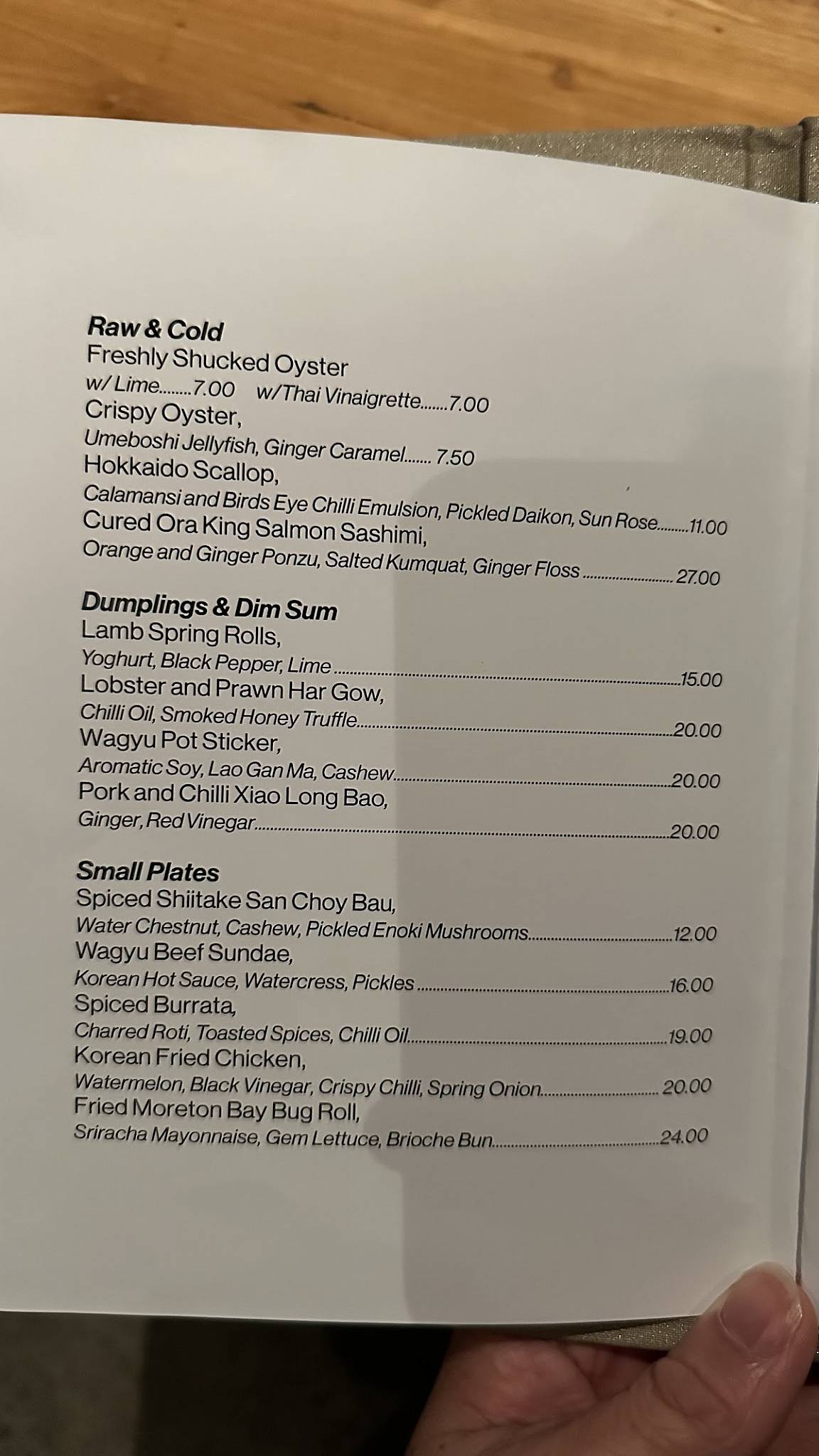 Menu at Rick Shores restaurant, Burleigh Heads