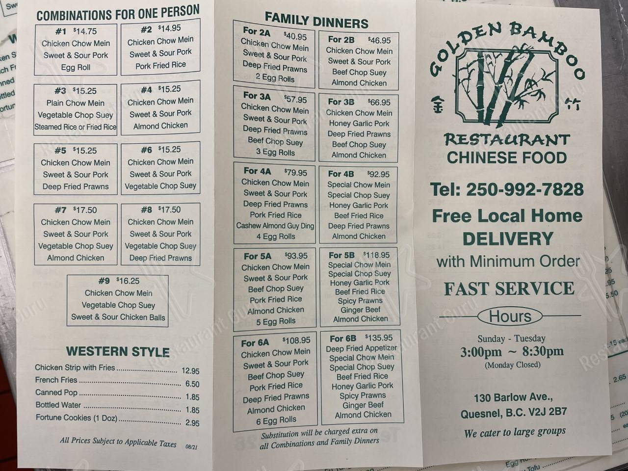 Menu at Golden Bamboo Restaurant, Quesnel