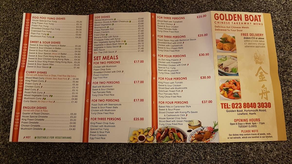 Menu at Golden Boat fast food, Southampton, 1/Oaktree House/Portsmouth Rd