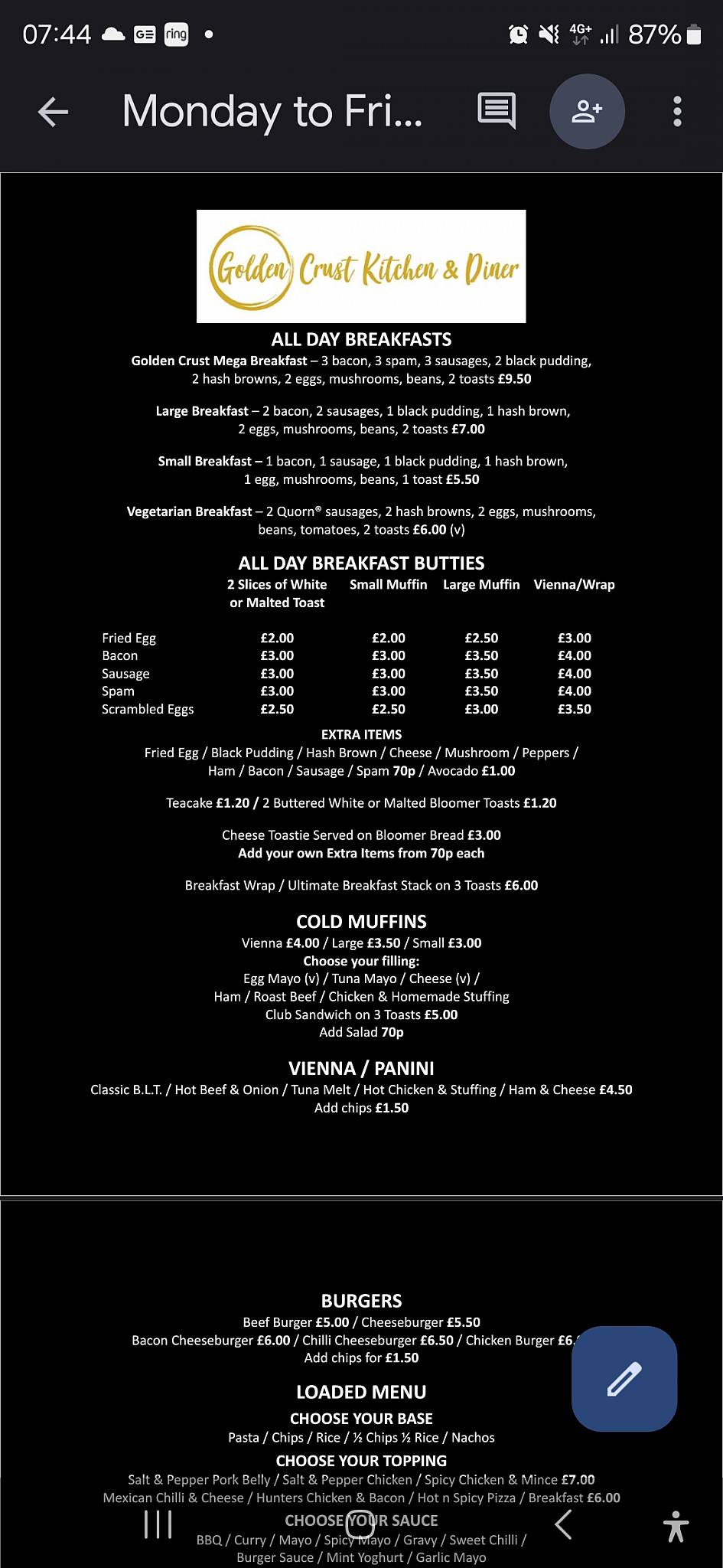 Menu at Golden Crust Kitchen & Diner cafe, Bury