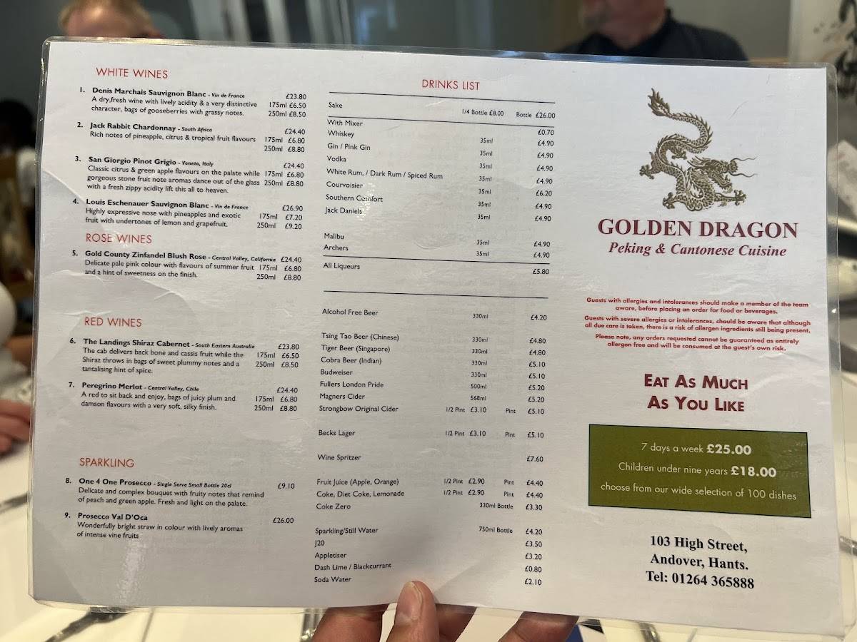 Menu at Golden Dragon restaurant, Andover