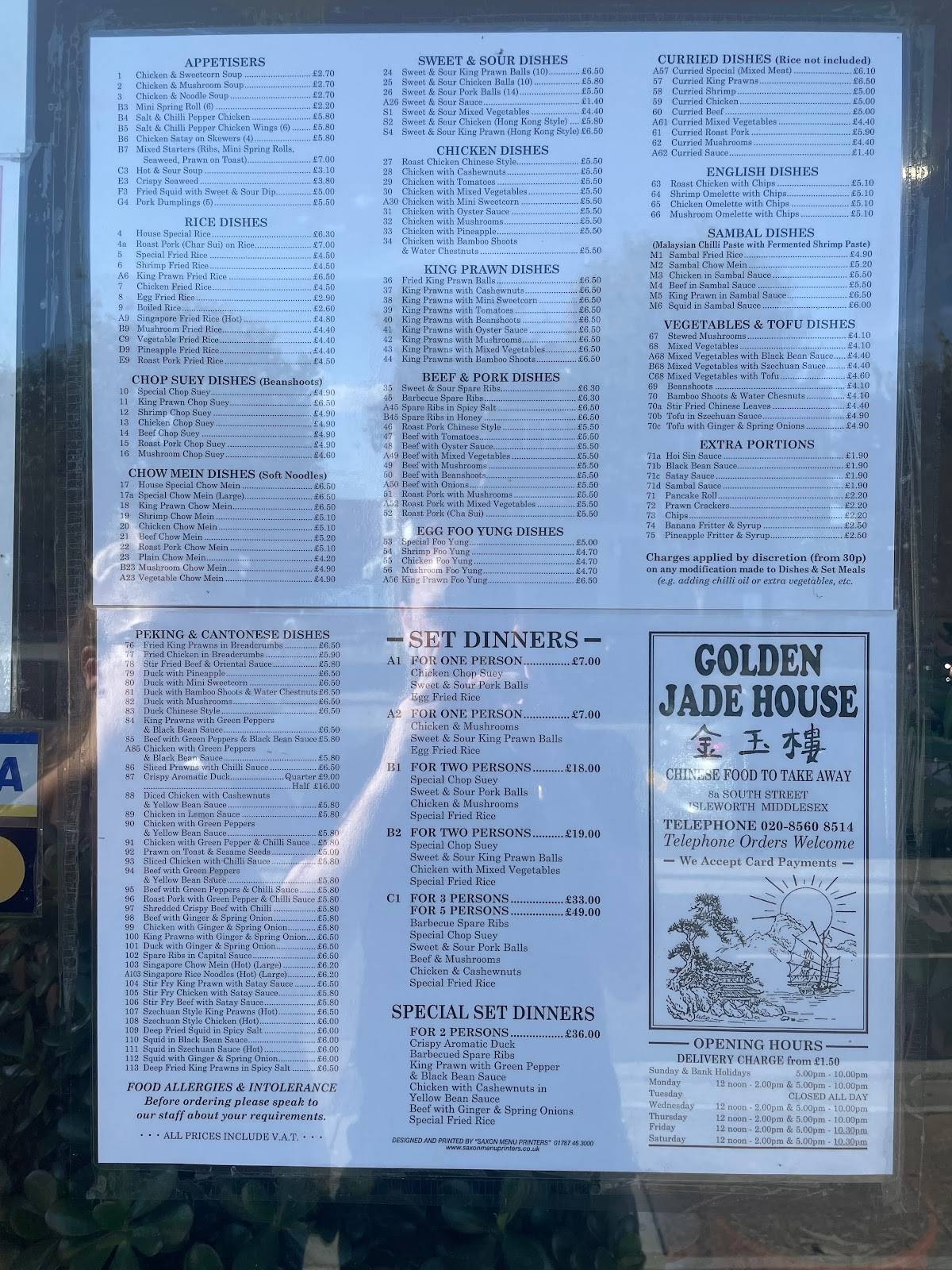 Menu at Golden Jade House fast food, Isleworth, 8A South St