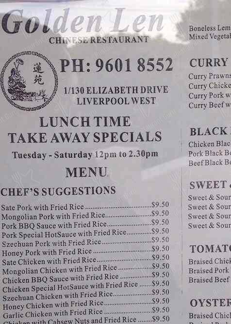 Menu at Golden Len Chinese Restaurant, Liverpool