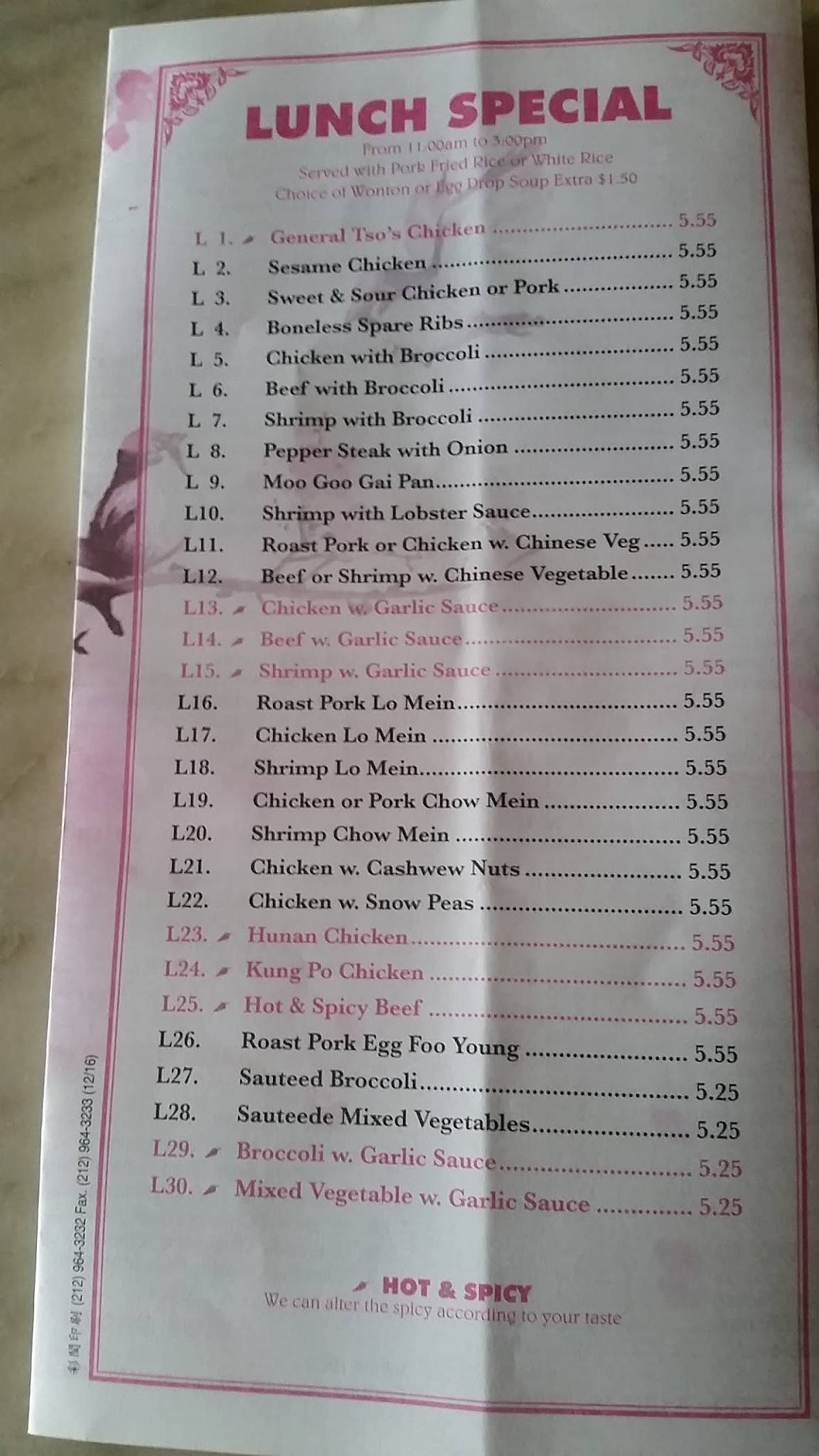 Menu at Golden Palace restaurant, Port Henry