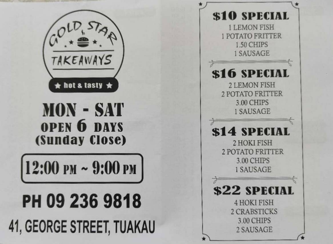 Menu at Goldstar Takeaways restaurant, Tuakau, 41 George St