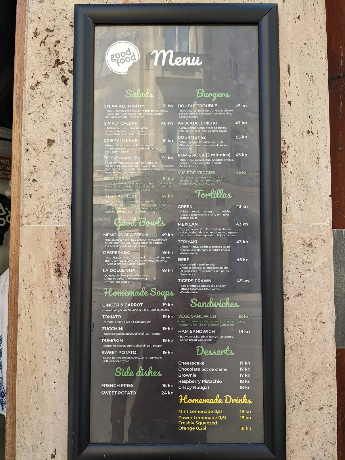 Menu at Good Food restaurant, Zagreb, Importanne Centar