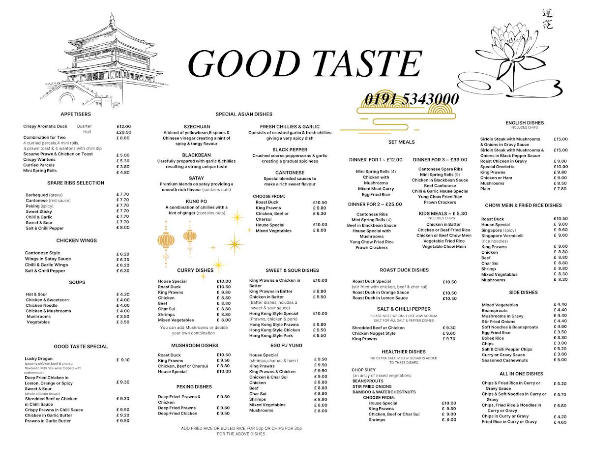 Menu at Good Taste Chinese Takeaway fast food, Sunderland