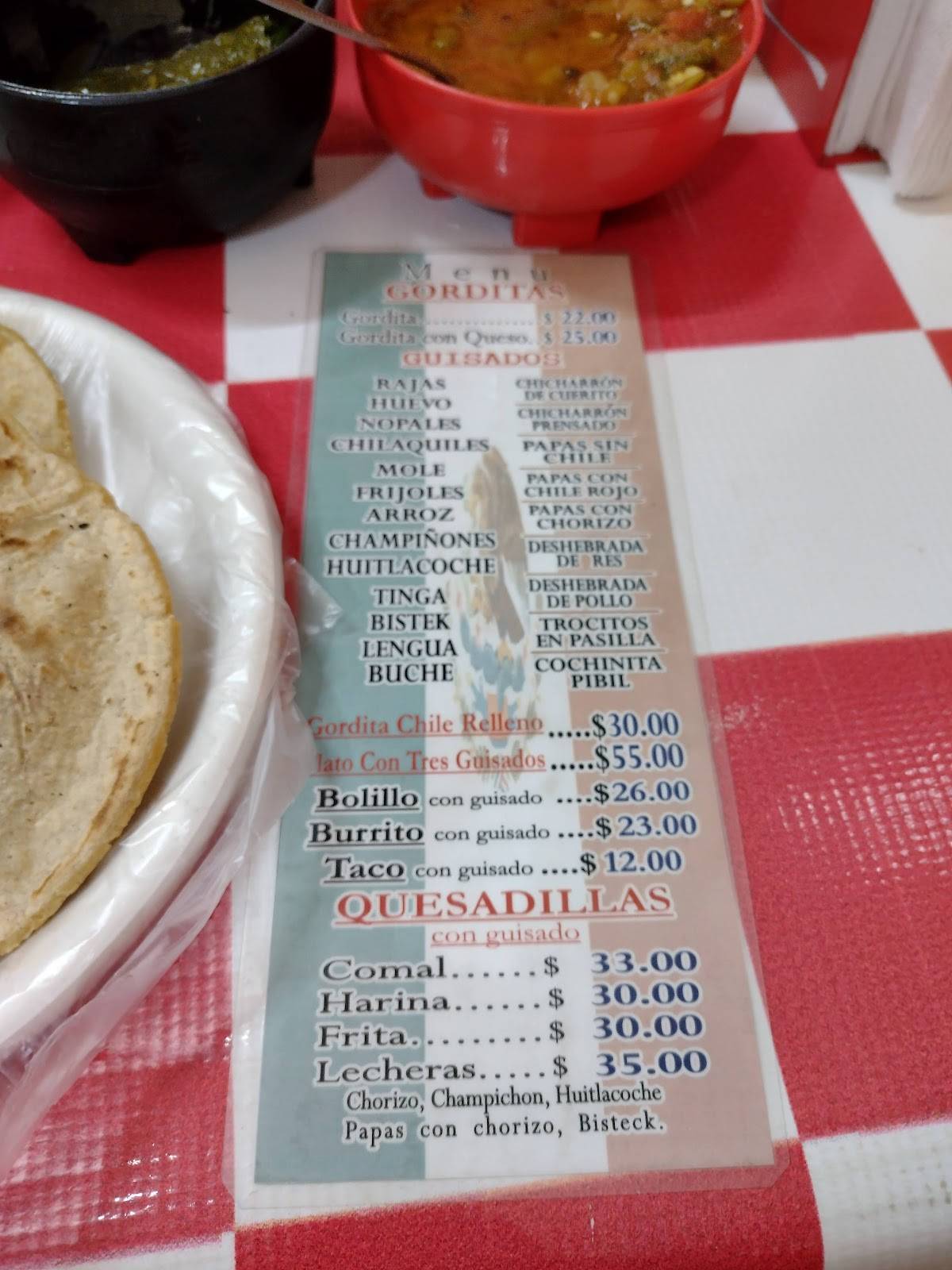 Menu at Gorditas La Merced restaurant, Aguascalientes, Moctezuma 111