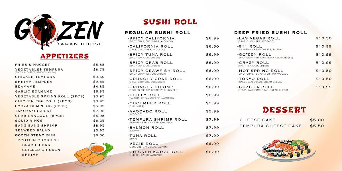 Menu at Gozen Japan House Hot Springs restaurant, Hot Springs