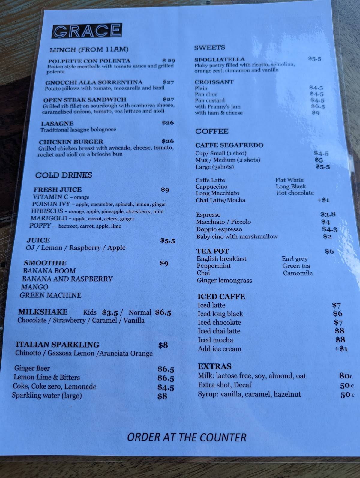 Menu at Grace Cafe, Graceville