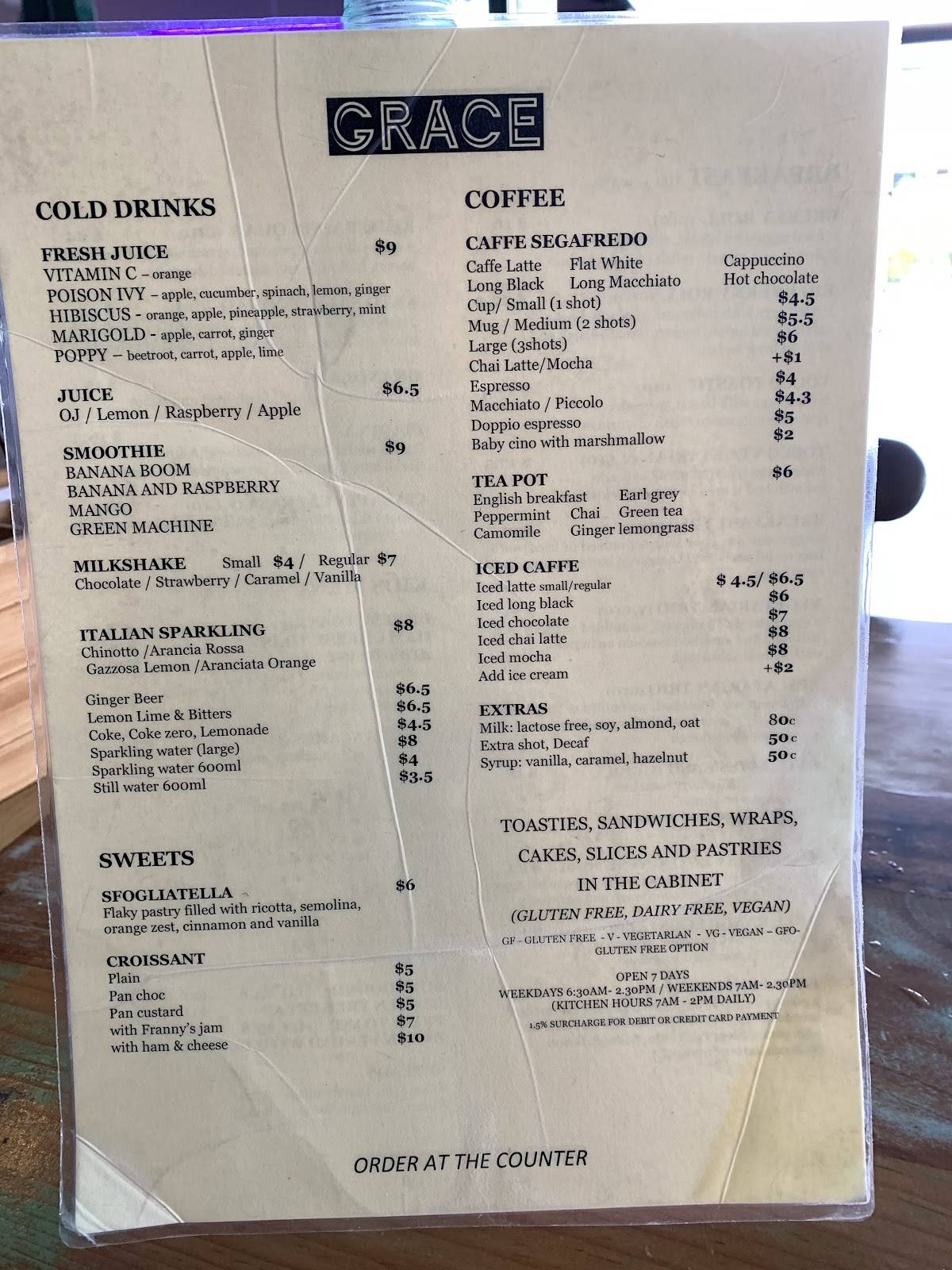 Menu at Grace Cafe, Graceville