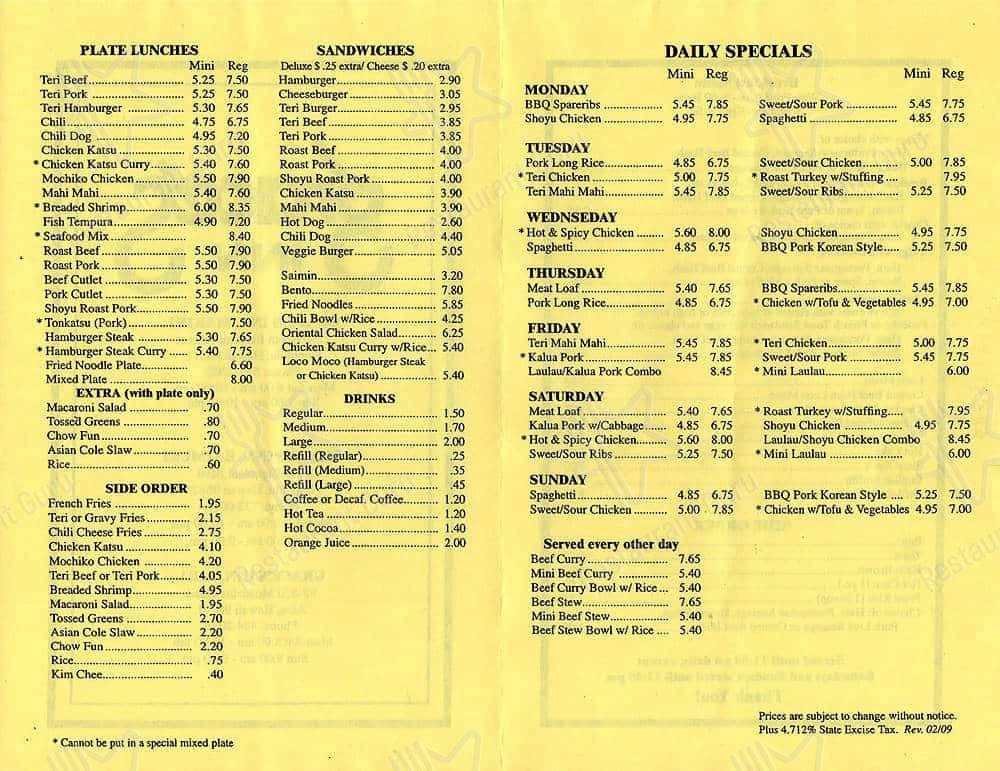 Menu at Grace's Inn fast food, Honolulu, S Beretania St. # 101