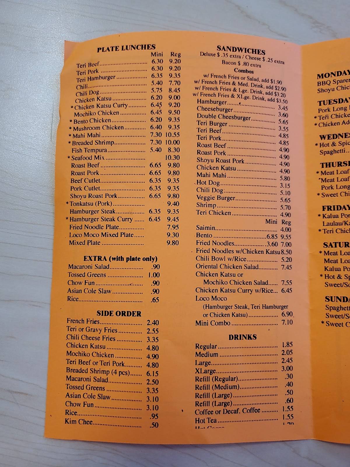 Menu at Grace's Inn fast food, Honolulu, S Beretania St. # 101