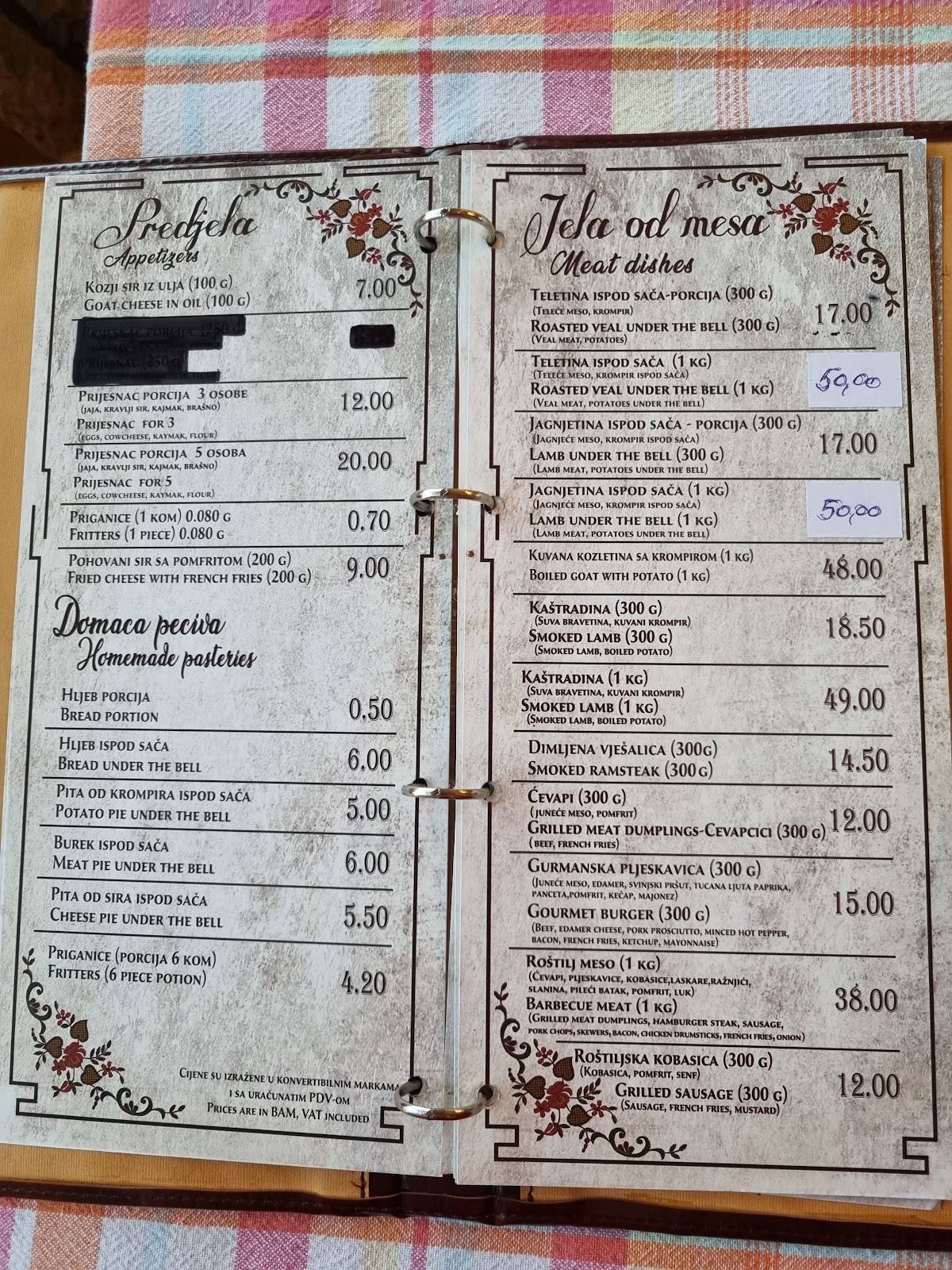 Menu at Grad Sunca - Etno Konoba restaurant, Bosnia and Herzegovina