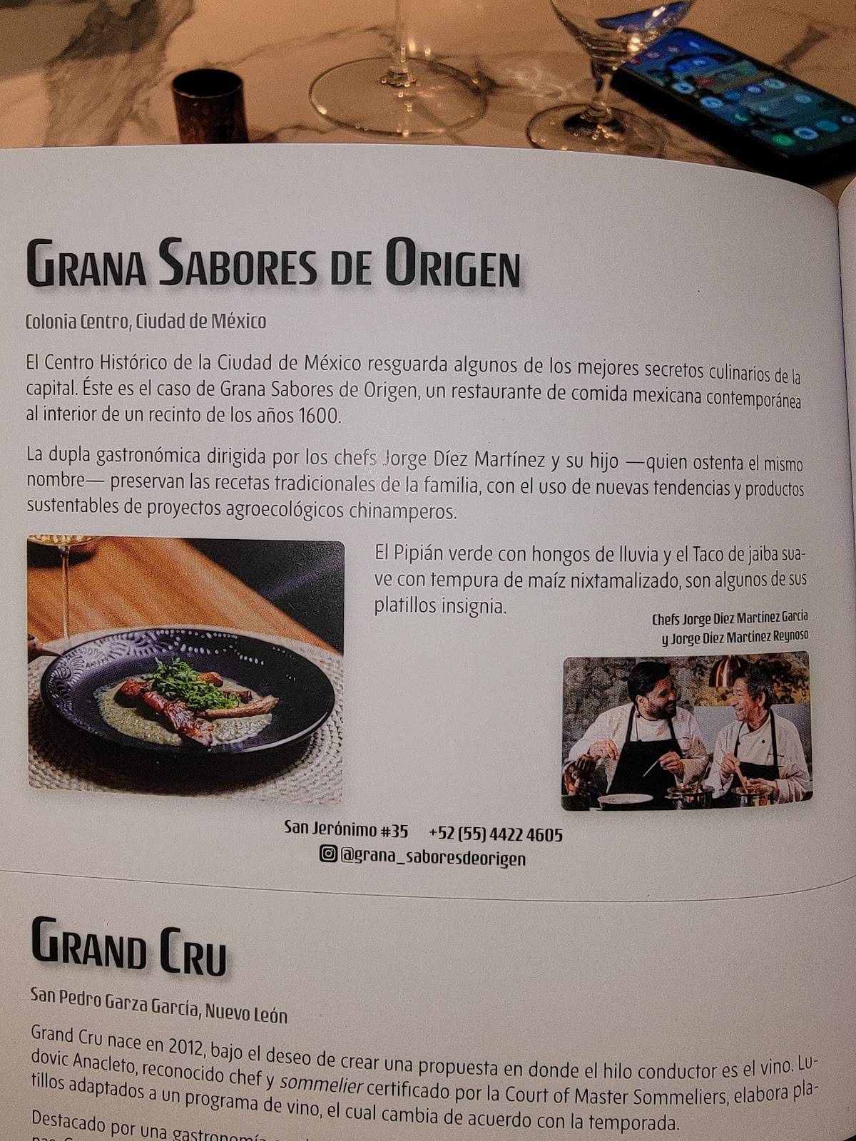 Menu at Grana Sabores de Orígen restaurant, Mexico City