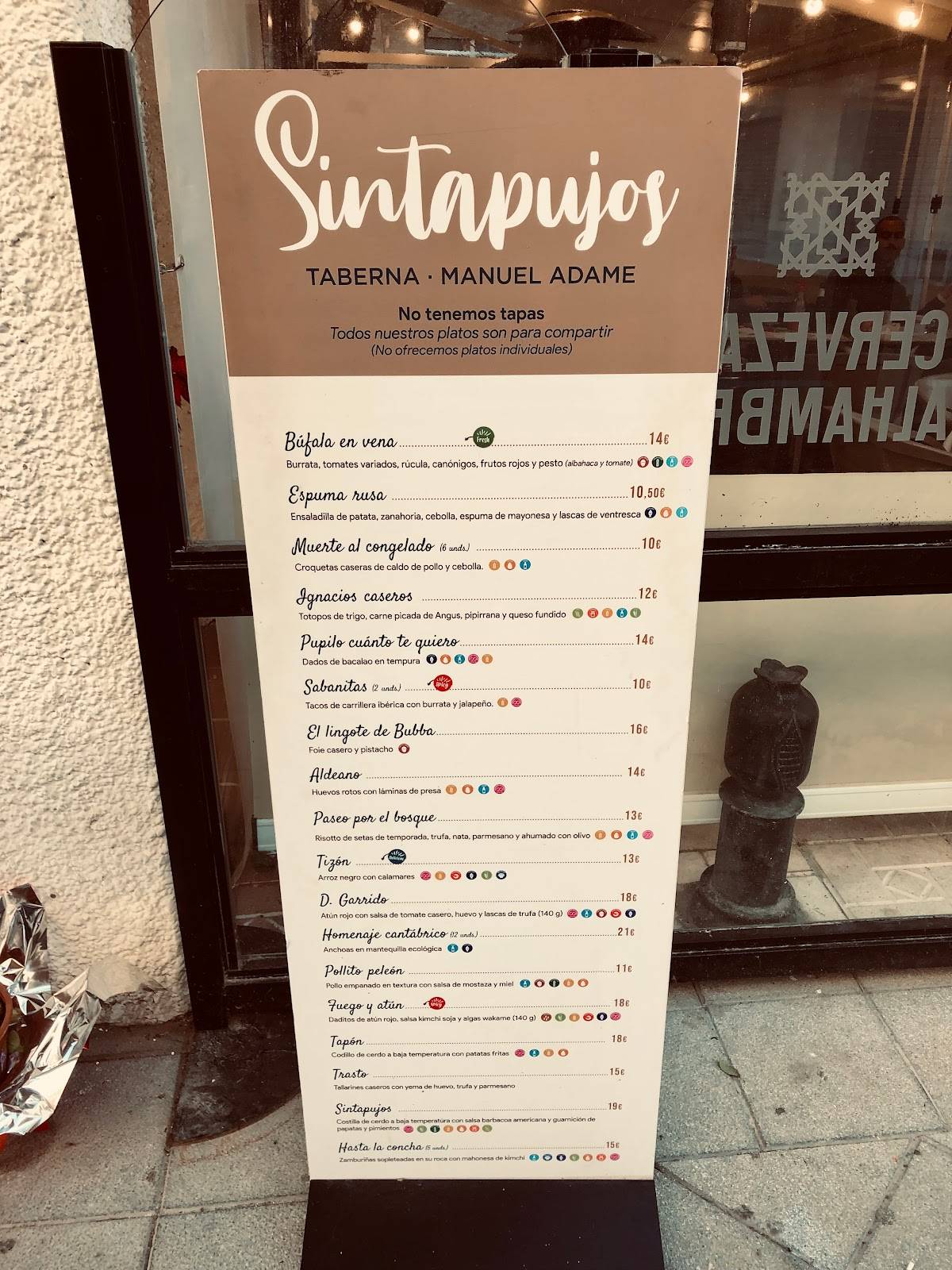 Carta del restaurante Sintapujos Taberna Manuel Adame, Granada