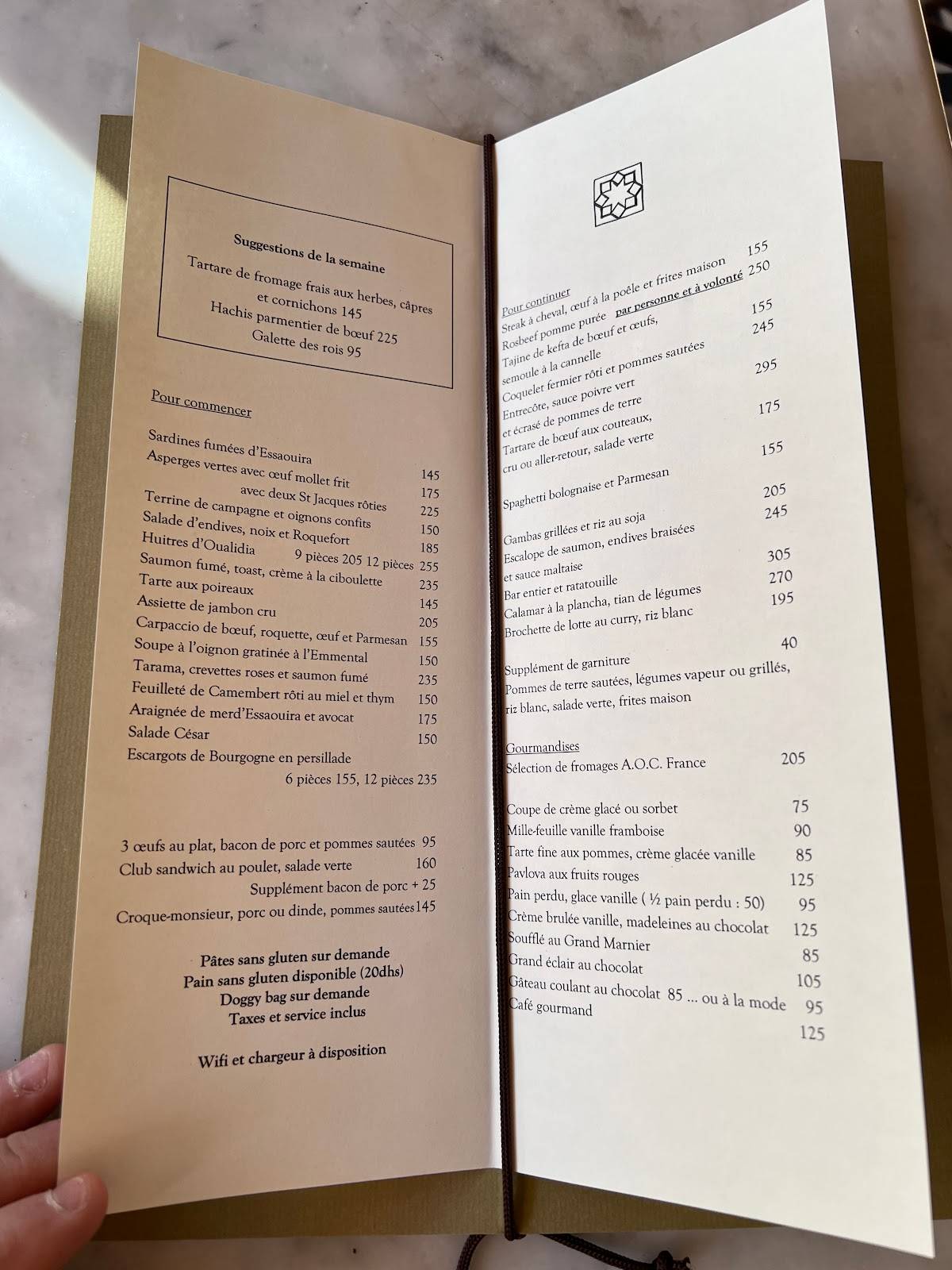 Menu at Grand Café de la Poste restaurant, Marrakesh