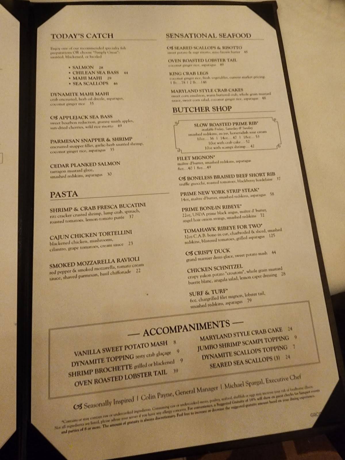 Menu at Grand Concourse restaurant, Pittsburgh