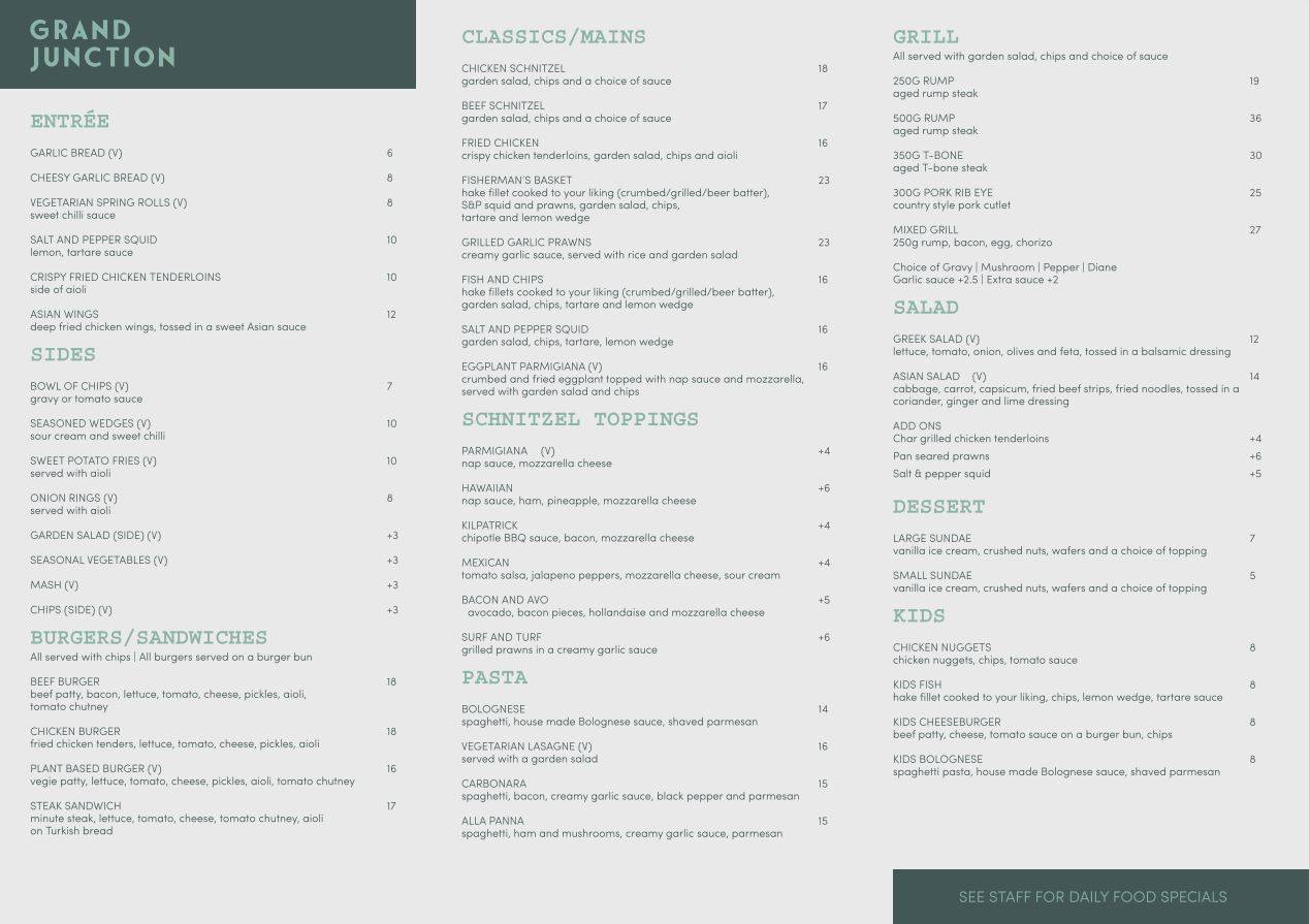 Menu at Grand Junction Tavern restaurant, Pennington