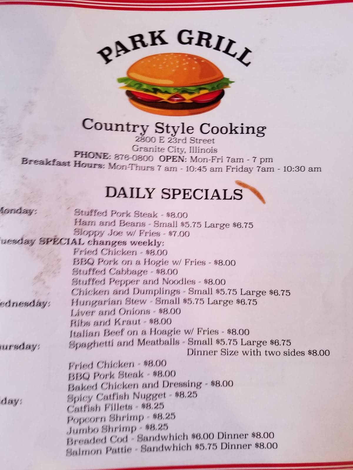 Menu at Park Grill restaurant, Granite City