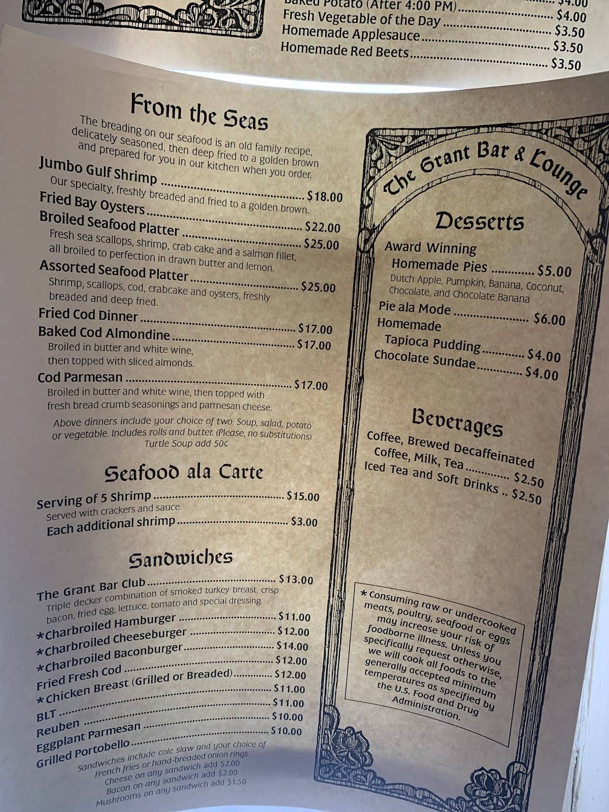 Menu at Grant Bar Inc, Pittsburgh