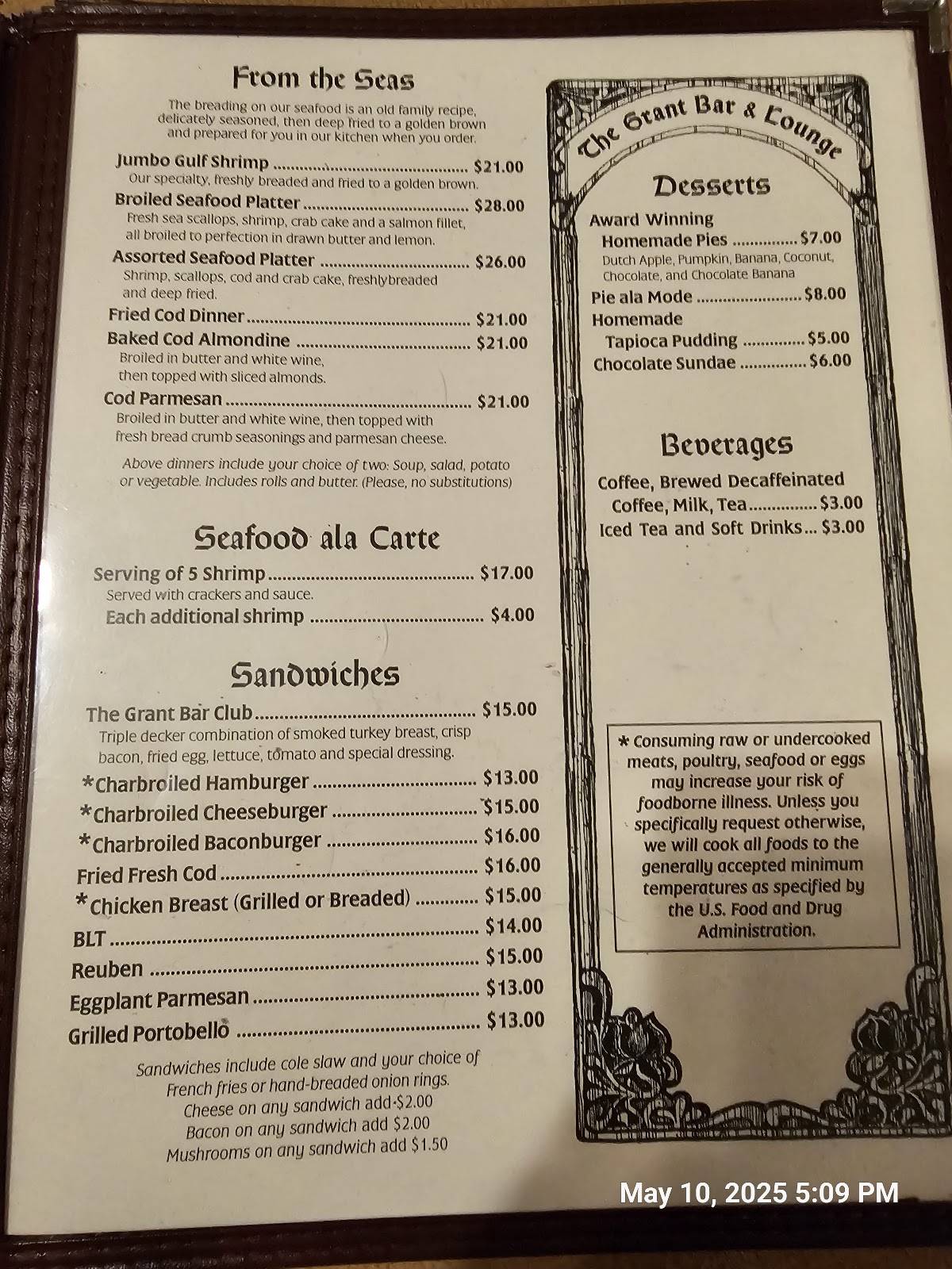 Menu at Grant Bar Inc, Pittsburgh