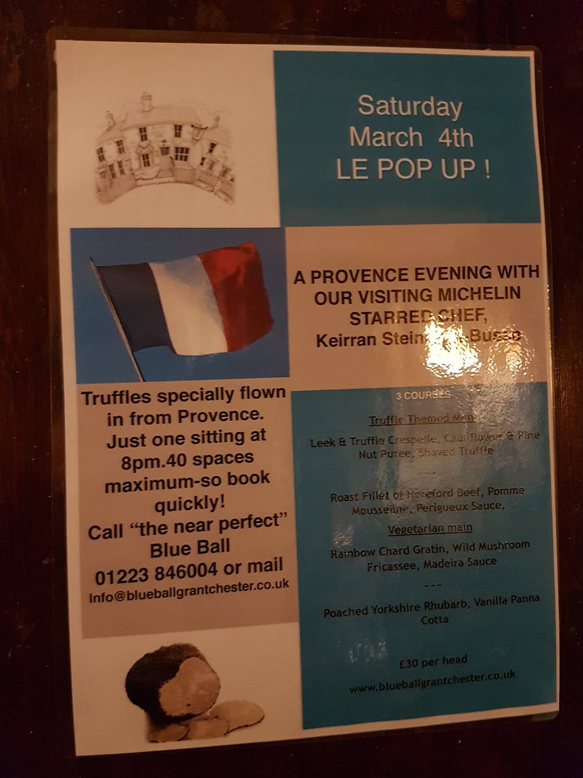 Menu at The Blue Ball Inn pub & bar, Grantchester