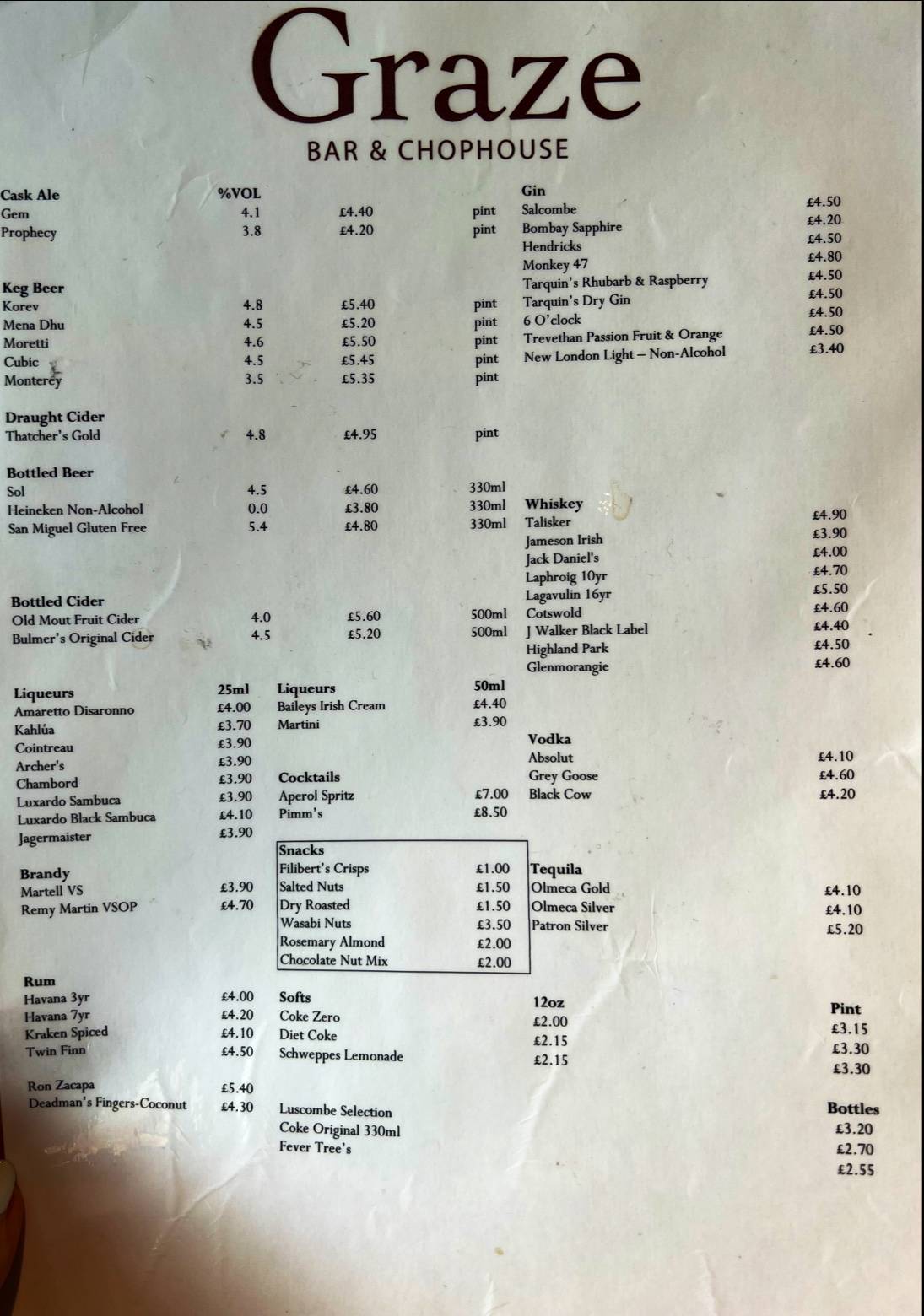 Menu at Graze, Bath pub & bar, Bath