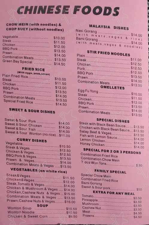 Menu at Green Bay Takeaways fast food, Auckland