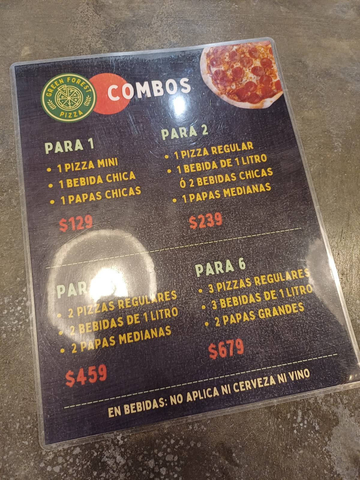 Menu at Green Forest Pizza restaurant, Mazamitla