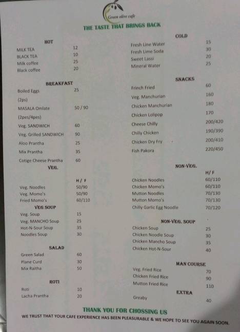 Menu at Green olive cafe, India