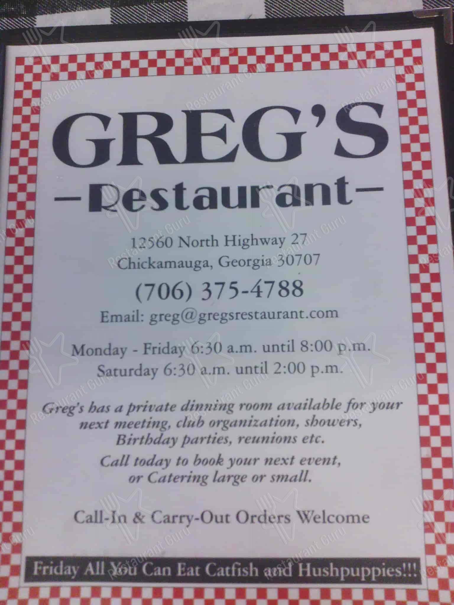 Menu at Greg's Restaurant, Chickamauga