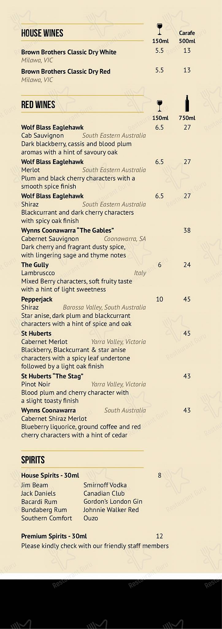 Menu at Greyhounds Entertainment restaurant, Springvale