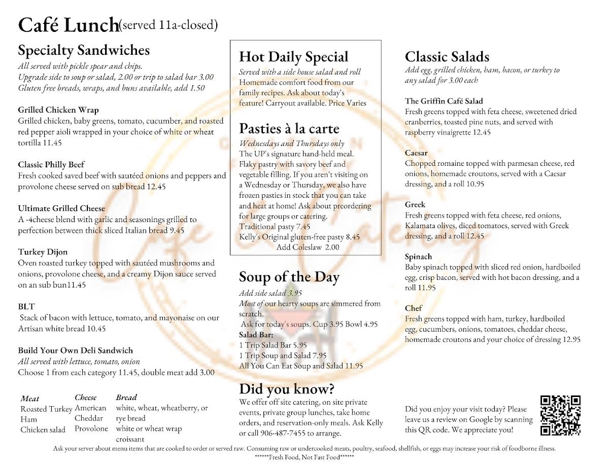 Carta de Griffin Family Cafe & Catering, Hancock