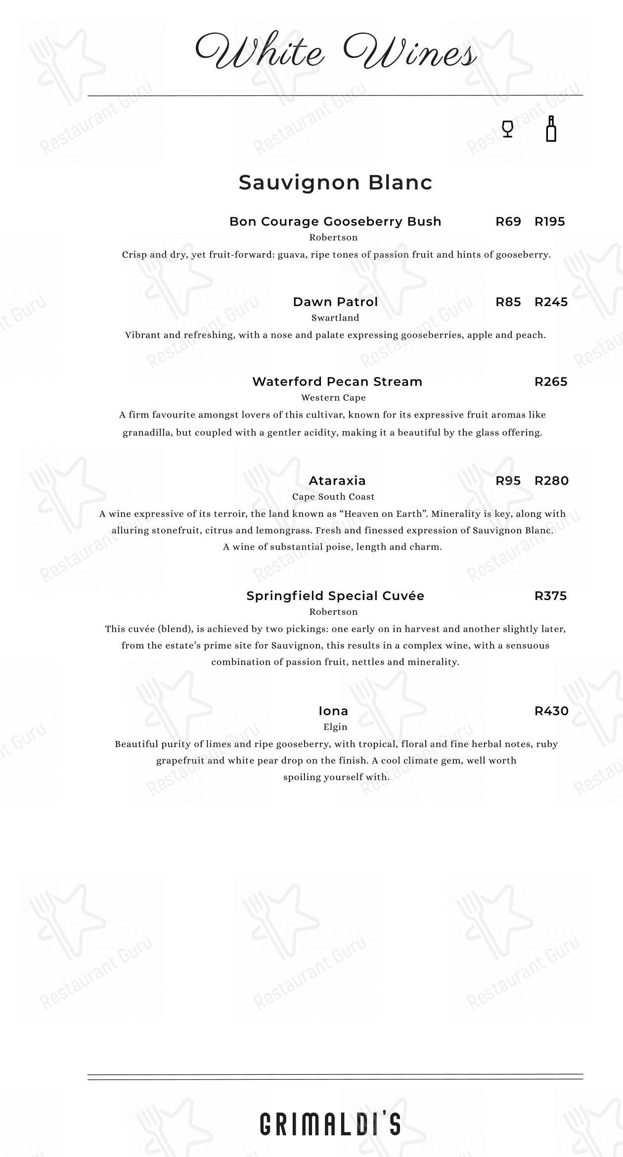 Menu at Grimaldi's restaurant, Durban