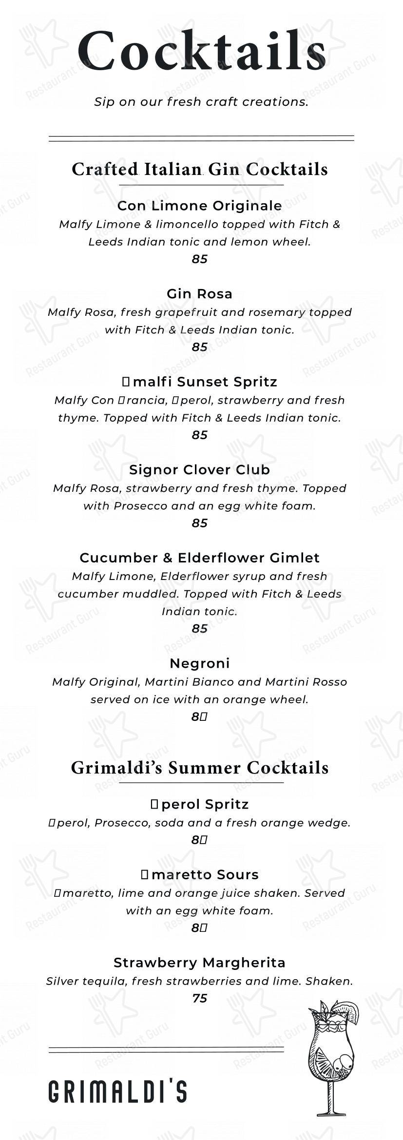 Menu at Grimaldi's restaurant, Durban