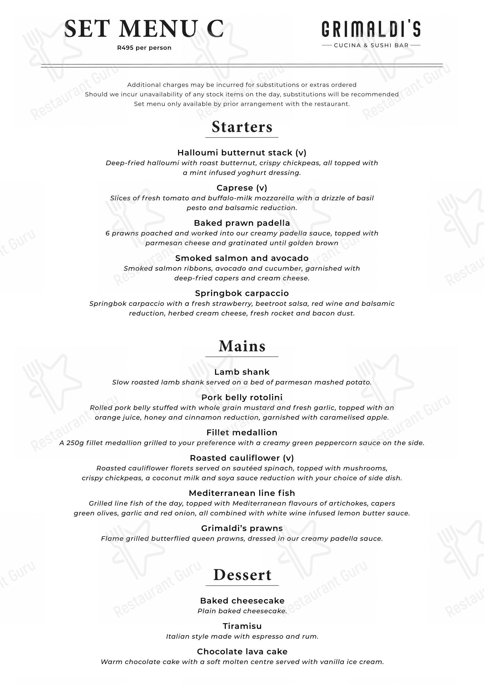 Menu at Grimaldi's restaurant, Durban
