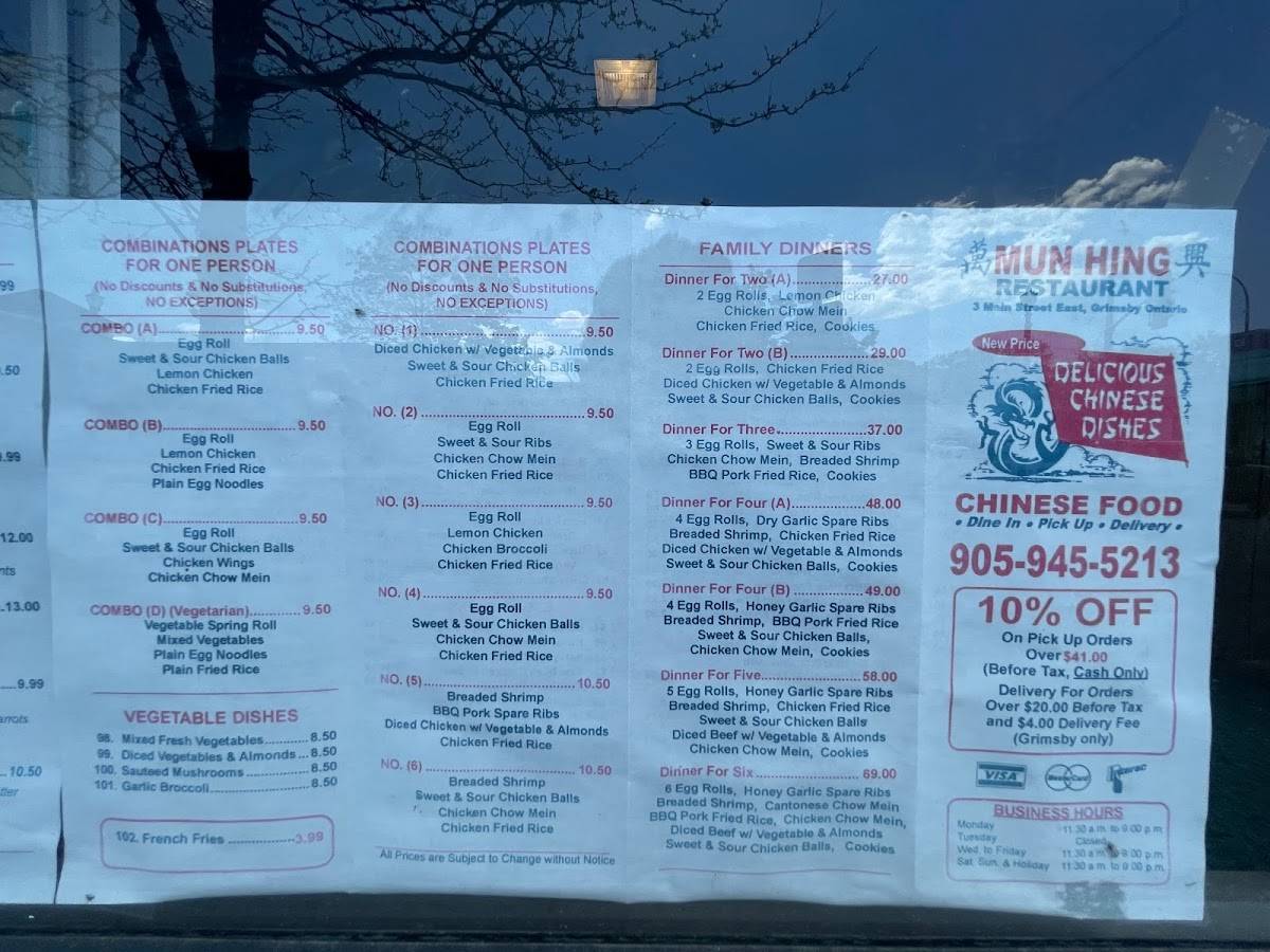 Menu at Mun Hing Restaurant, Grimsby