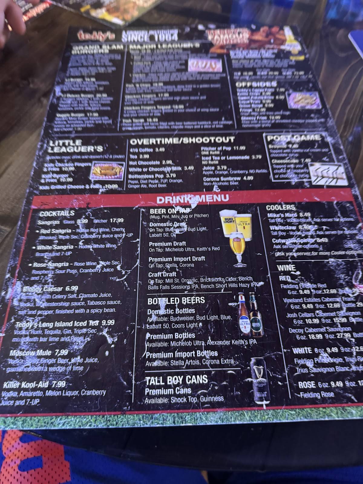 Menu au Teddy's Sports Bar, Grimsby