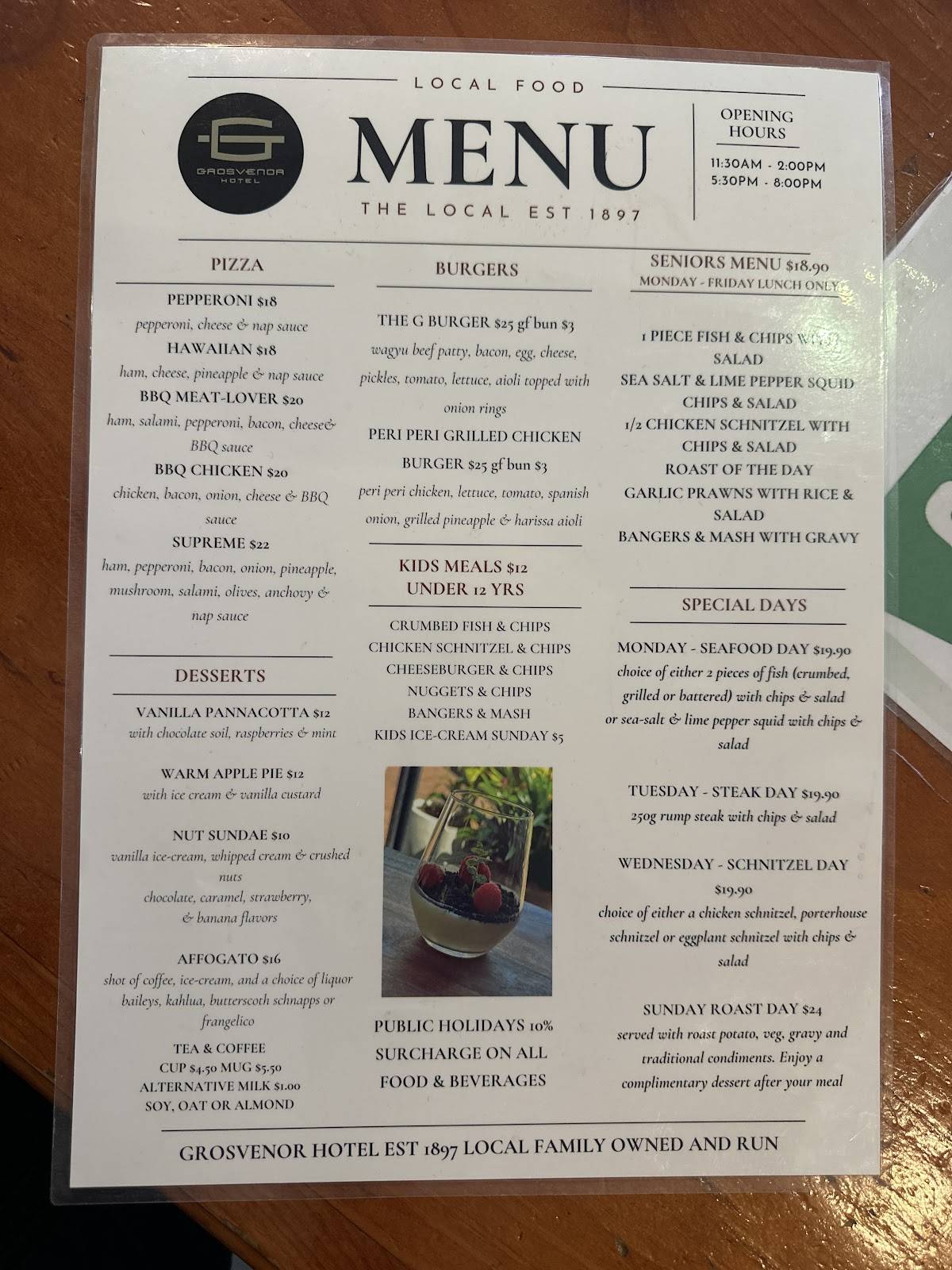 Menu at Grosvenor Hotel restaurant, Victor Harbor