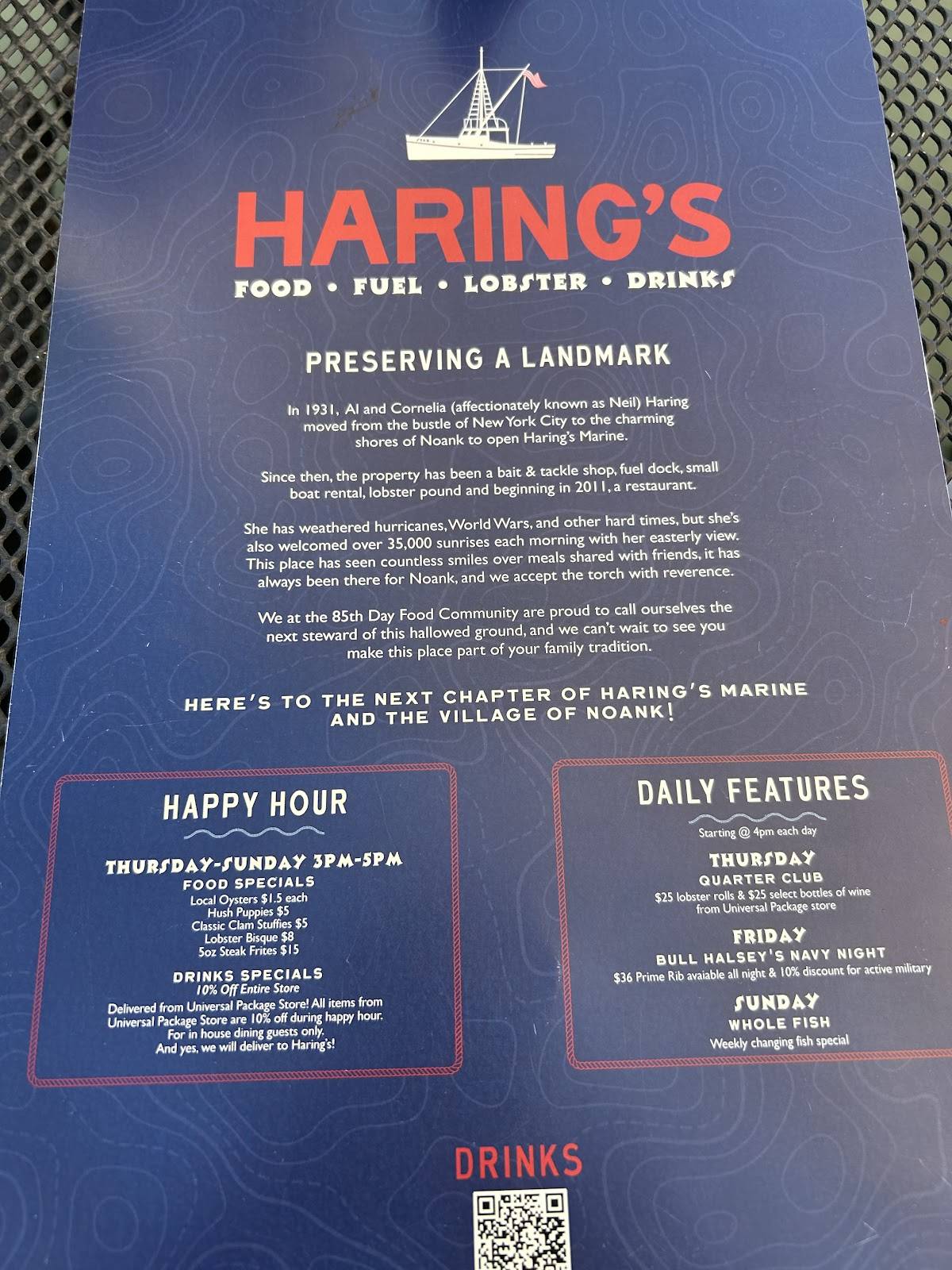 Menu at Haring's Noank restaurant, Groton
