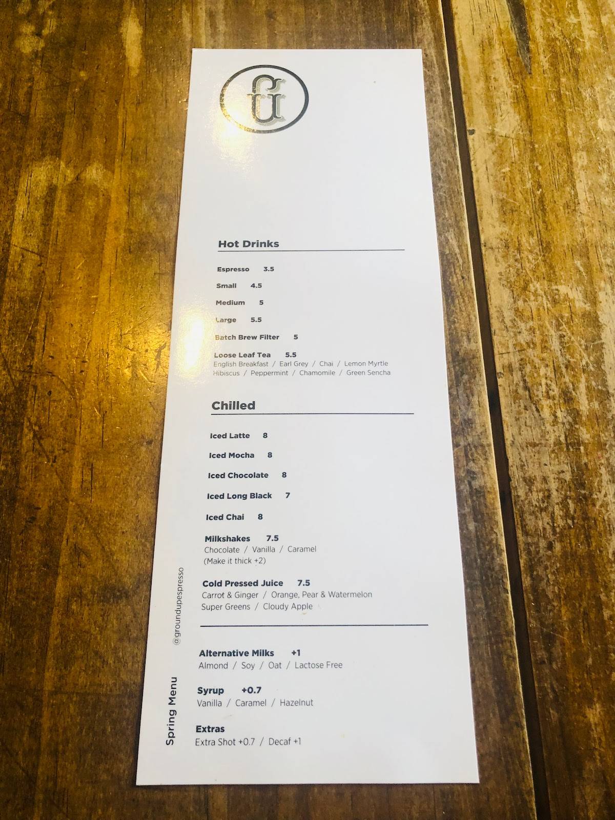 Menu at Ground Up Cafe, South Toowoomba