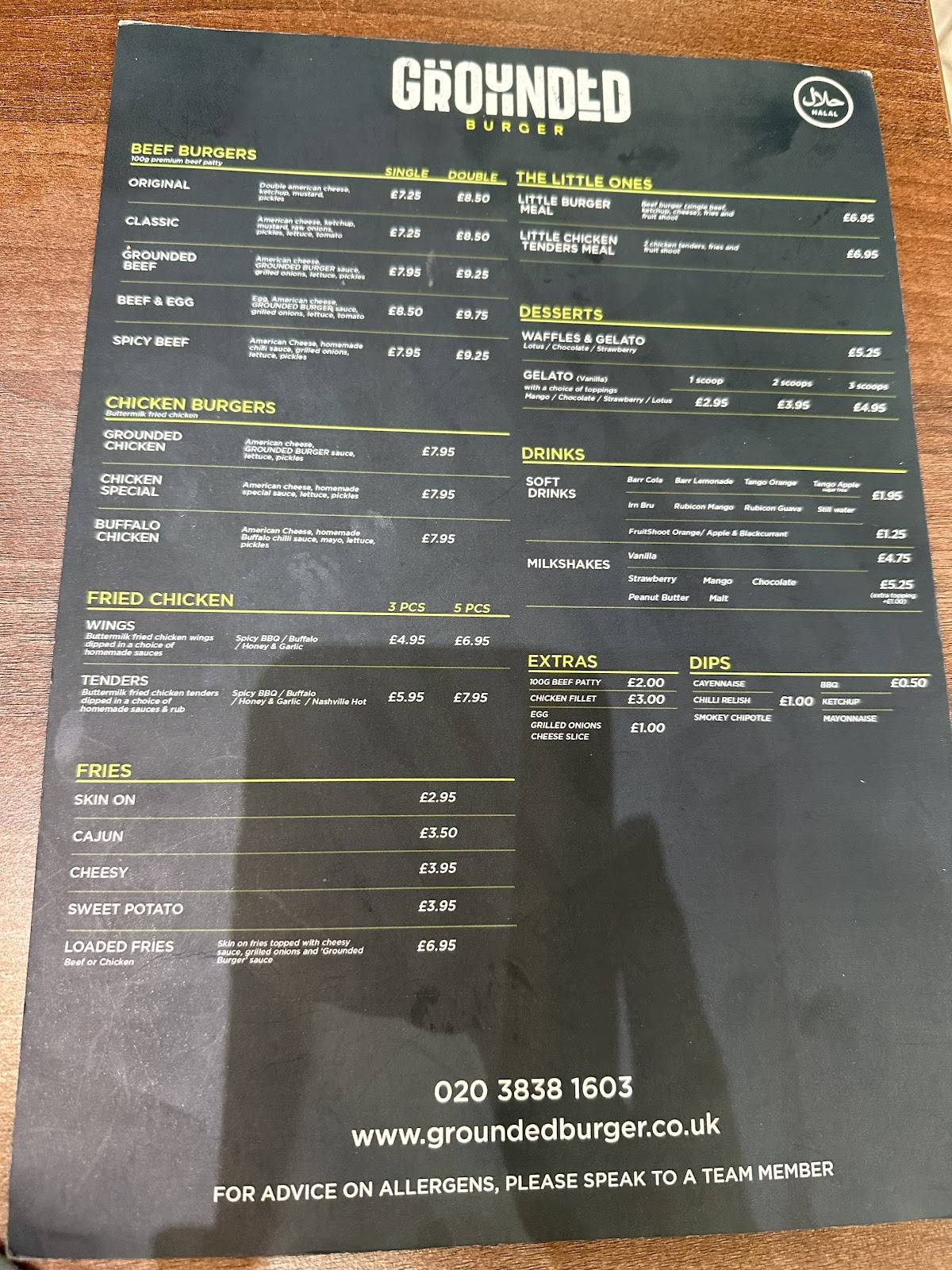 Menu at Grounded Burger restaurant, London