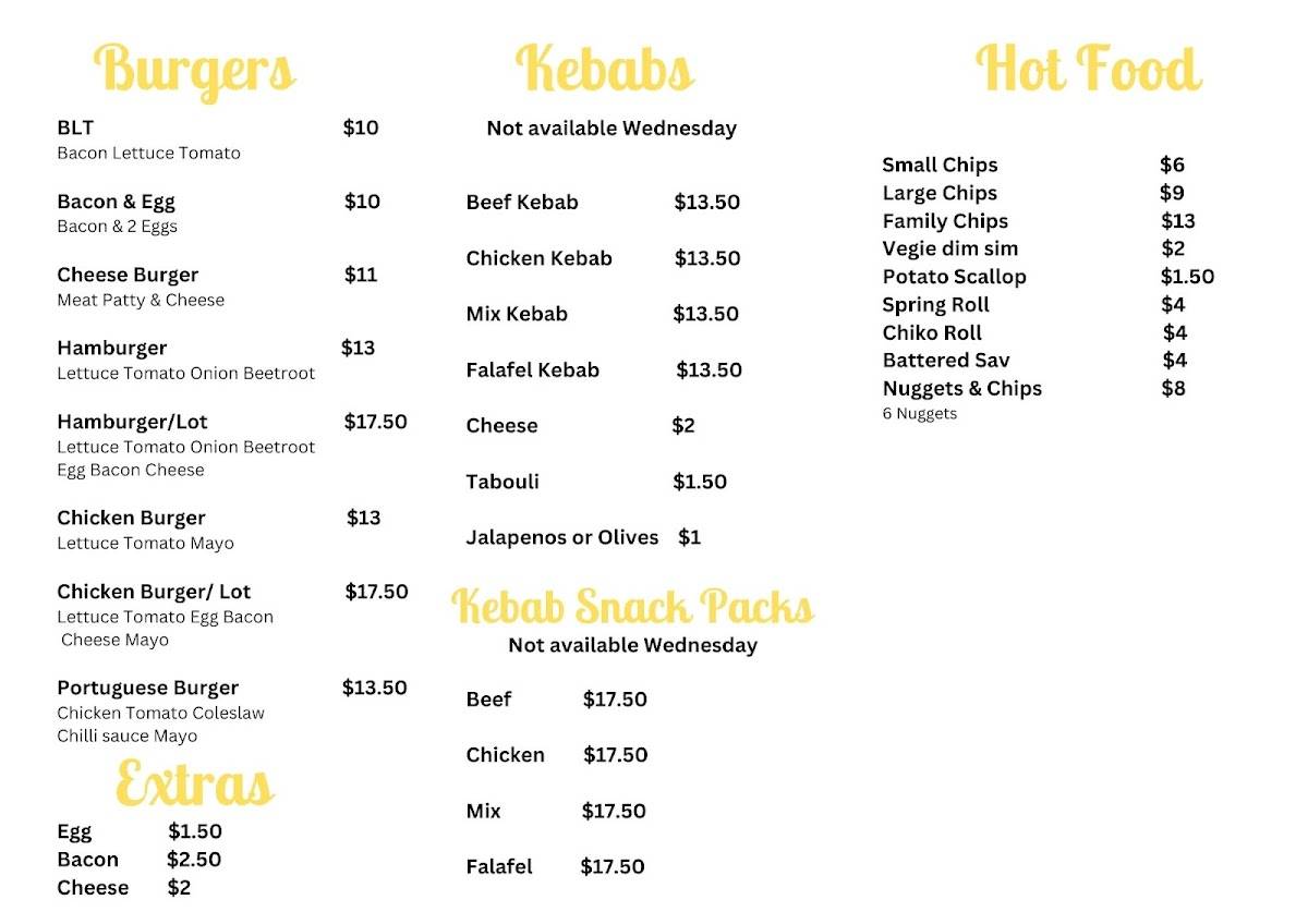 Menu at Grumpy Joe's restaurant, Culburra Beach