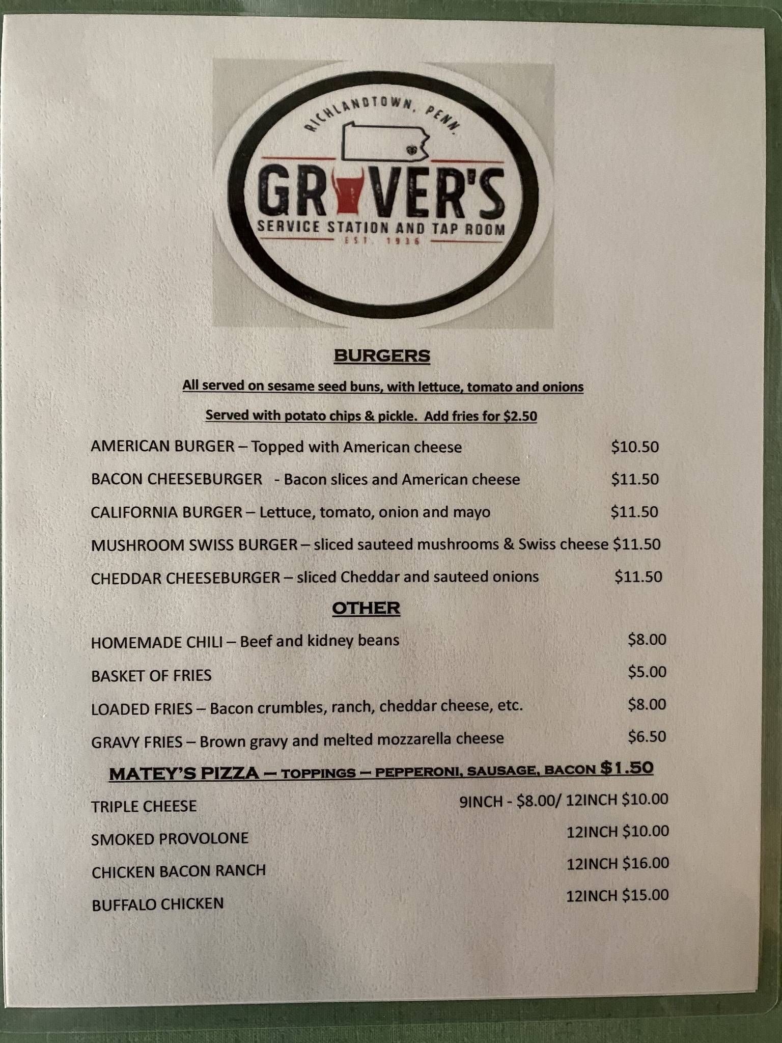 Menu at Gruvers Beer Bar, Richlandtown