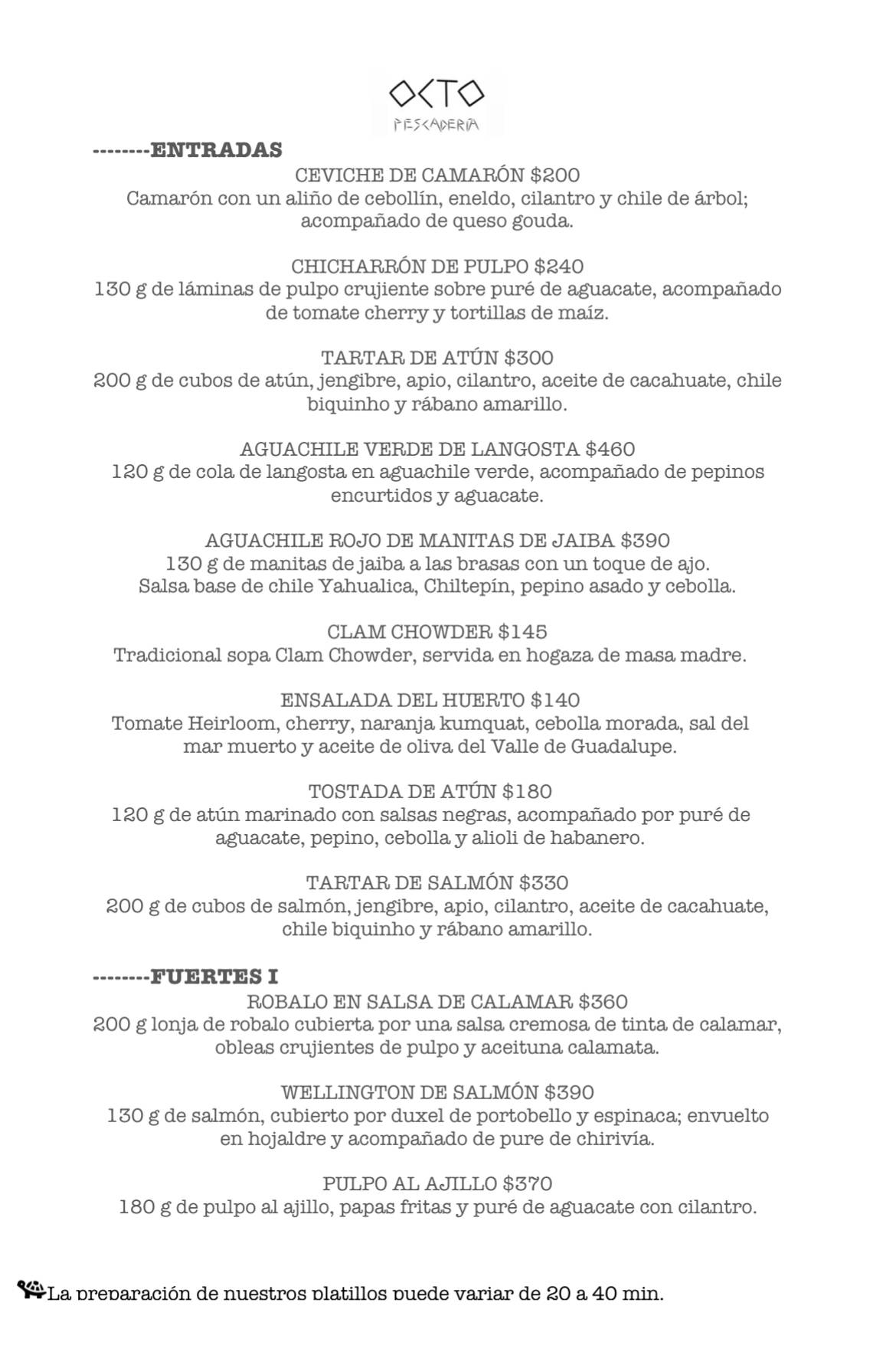 Carta de Octo Restaurante, Guadalajara