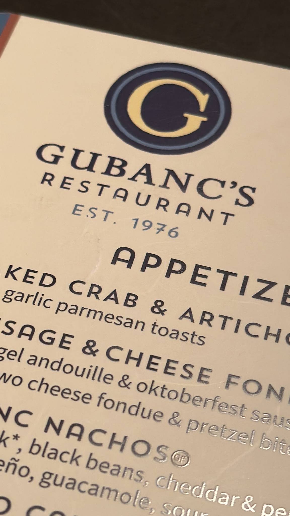 Menu at Gubanc's Restaurant, Lake Oswego