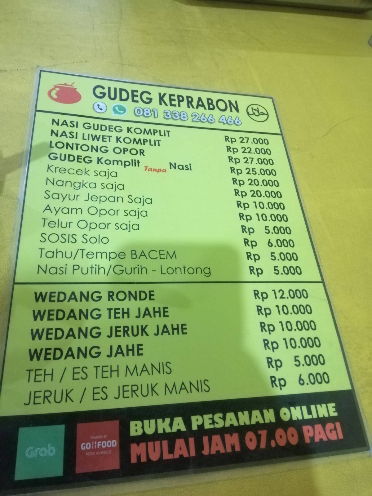 Menu at Gudeg KEPRABON restaurant, Denpasar, Jl. Teuku Umar Barat